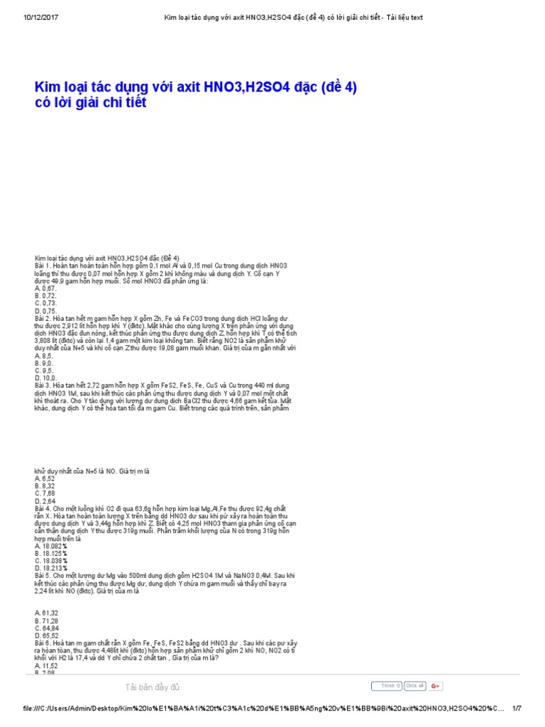 Kim loại tác dụng với axit HNO3,H2SO4 đặc (đề 4) có lời giải chi tiết - Tài liệu text PDF | PDF