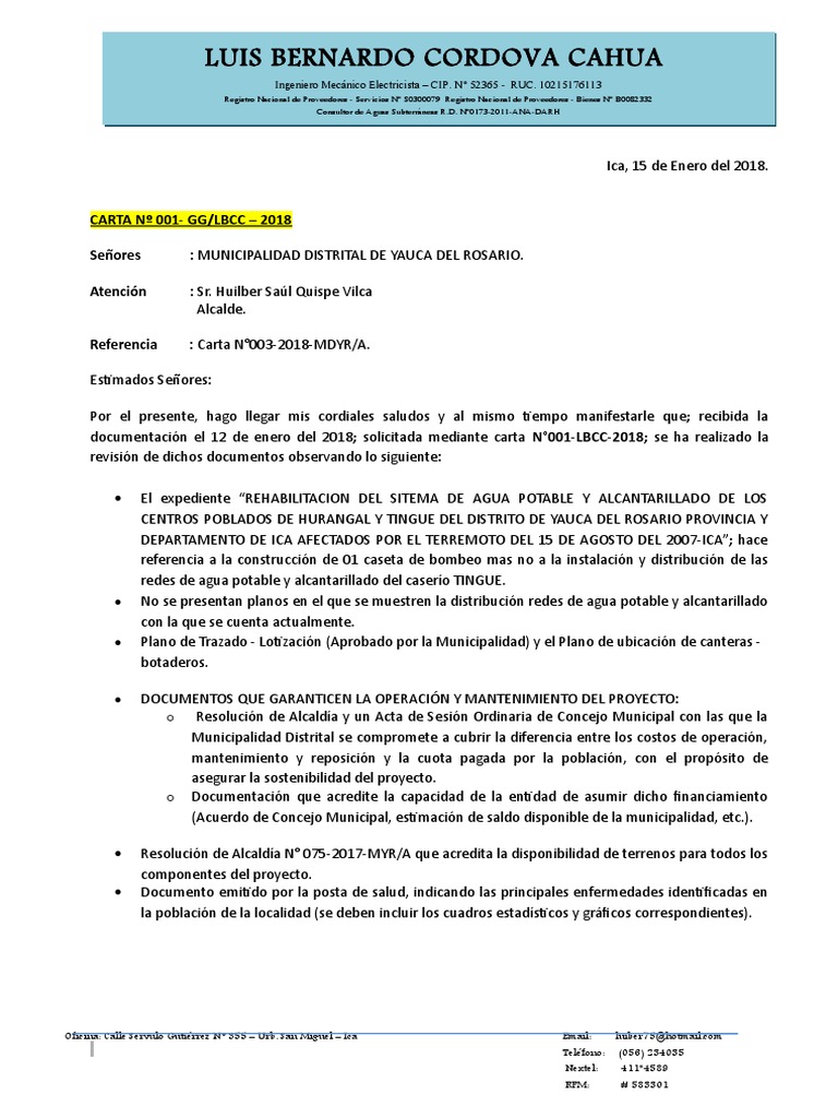 Carta LBCC - 001 - Muni Yauca | PDF | Agua | Business