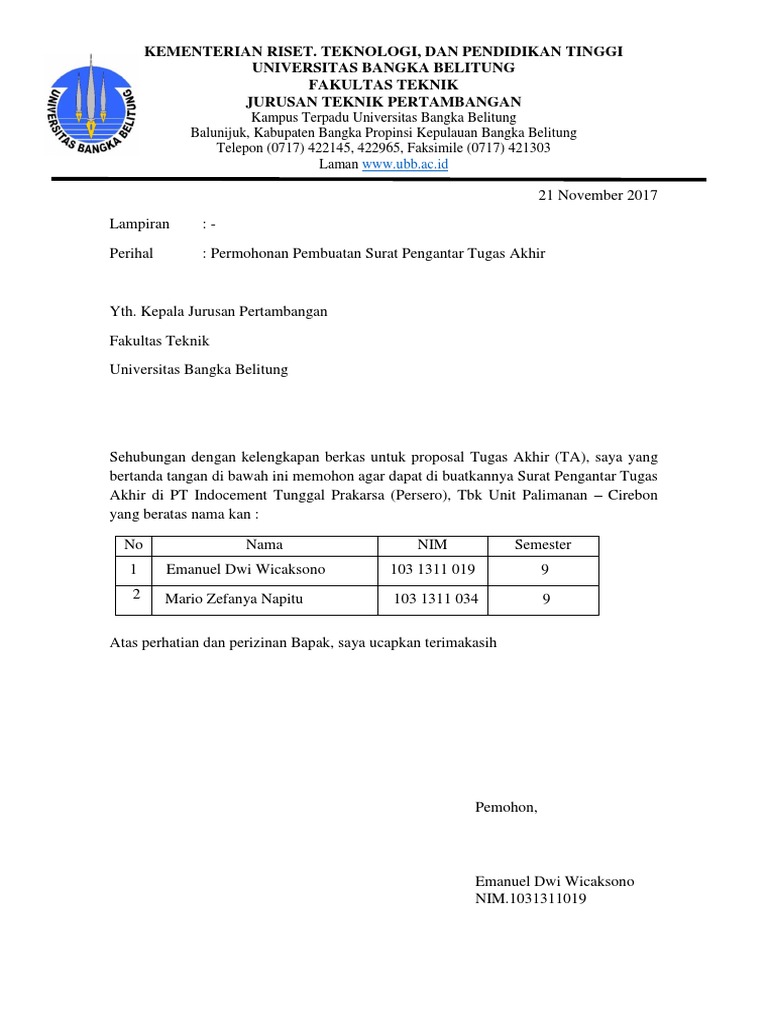 Surat Permohonan Proposal TA | PDF