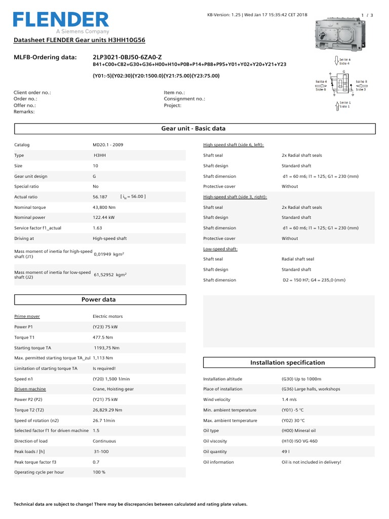 FLENDER H3HH10G56 Gear Unit Datasheet | PDF | Gear | Motor Oil