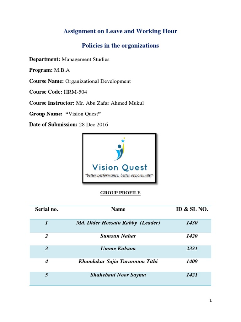 3.vision Quest Assignment MGT JU | PDF | Overtime | Sick Leave
