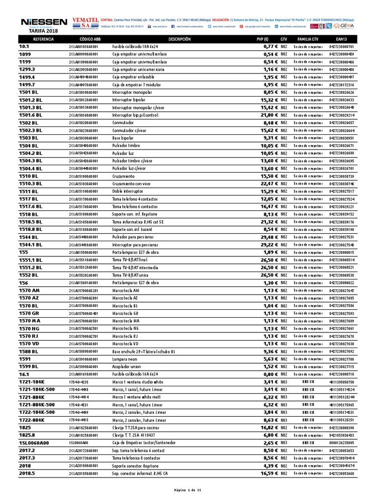 Abb Tarifa Niessen 1801n | PDF | Componentes eléctricos | Componentes