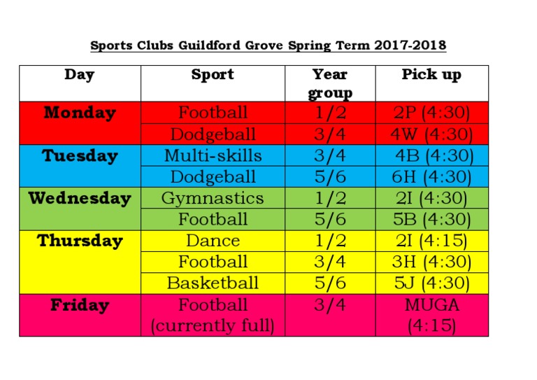 Sports Clubs Schedule Guildford 2017-18 | PDF