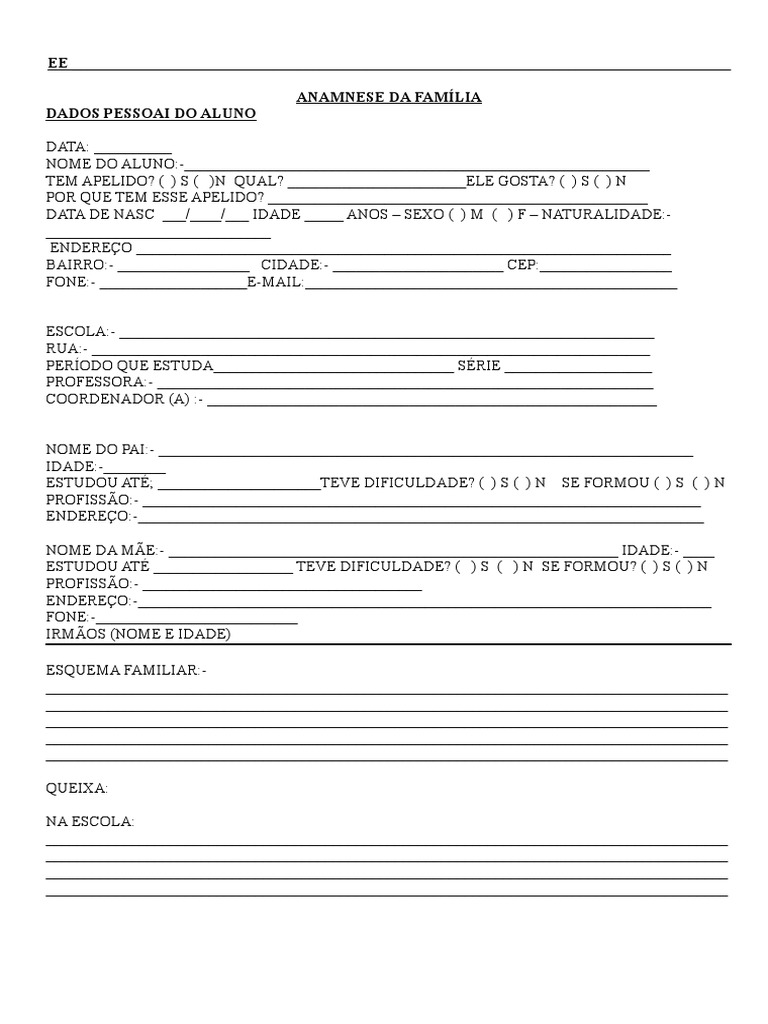 Baixar Ficha De Anamnese Psicologica Para Imprimir