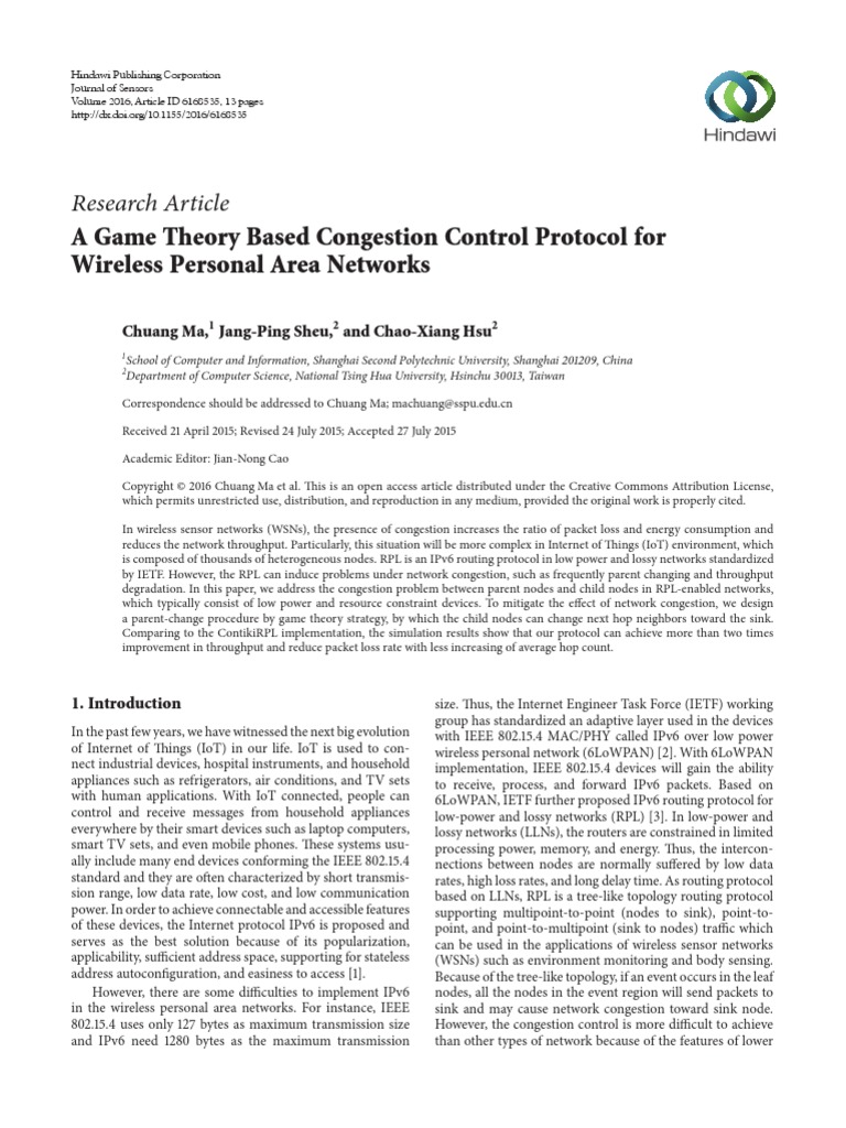 Research Article: A Game Theory Based Congestion Control Protocol For Wireless Personal Area ...