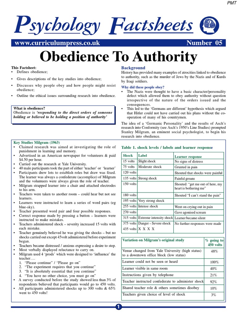 Obedience To Authority: Sychology Actsheets | PDF | Obedience (Human ...
