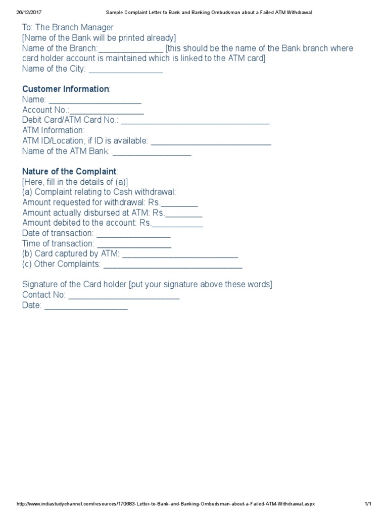 Sample Complaint Letter To Bank and Banking Ombudsman About A Failed ...