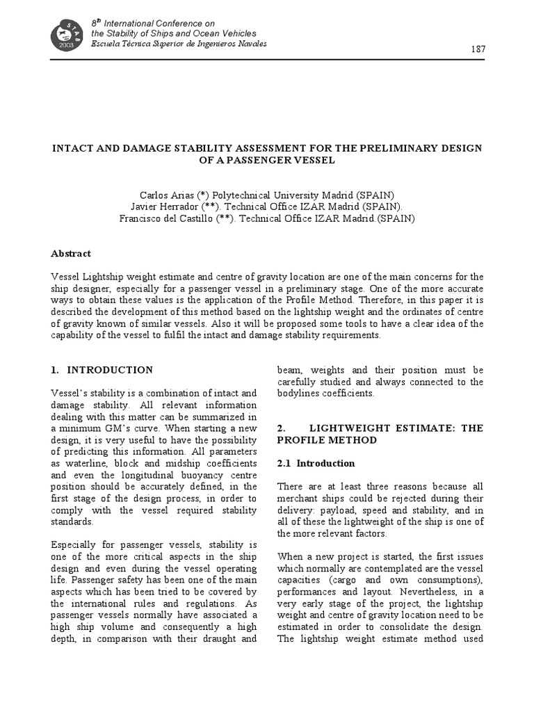Intact and Damage Stability Assessment For The Preliminary Design of A ...