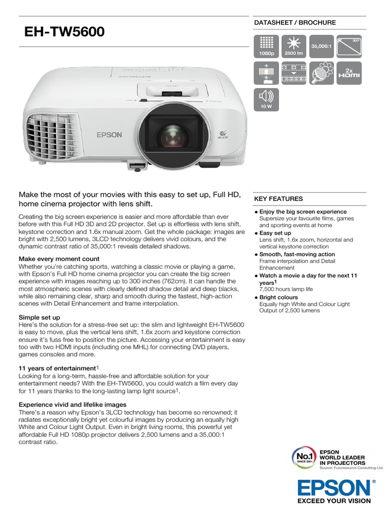 Epson TW5600 2500-Lumen Full HD Home Theatre Projector Datasheet ...