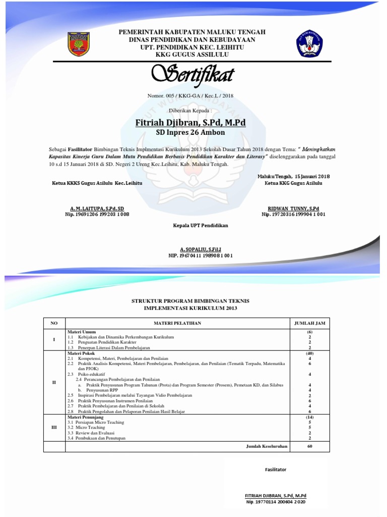 Sertifikat KKG Unit Asilulu | PDF