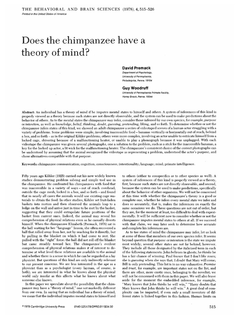 Premack and Woodruff 1978 PDF | Theory Of Mind | Psychology