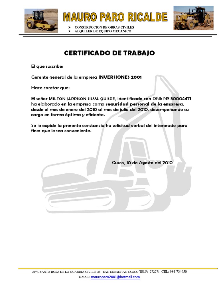Certificado de Trabajo - CONSTRUCTORA Paro | PDF