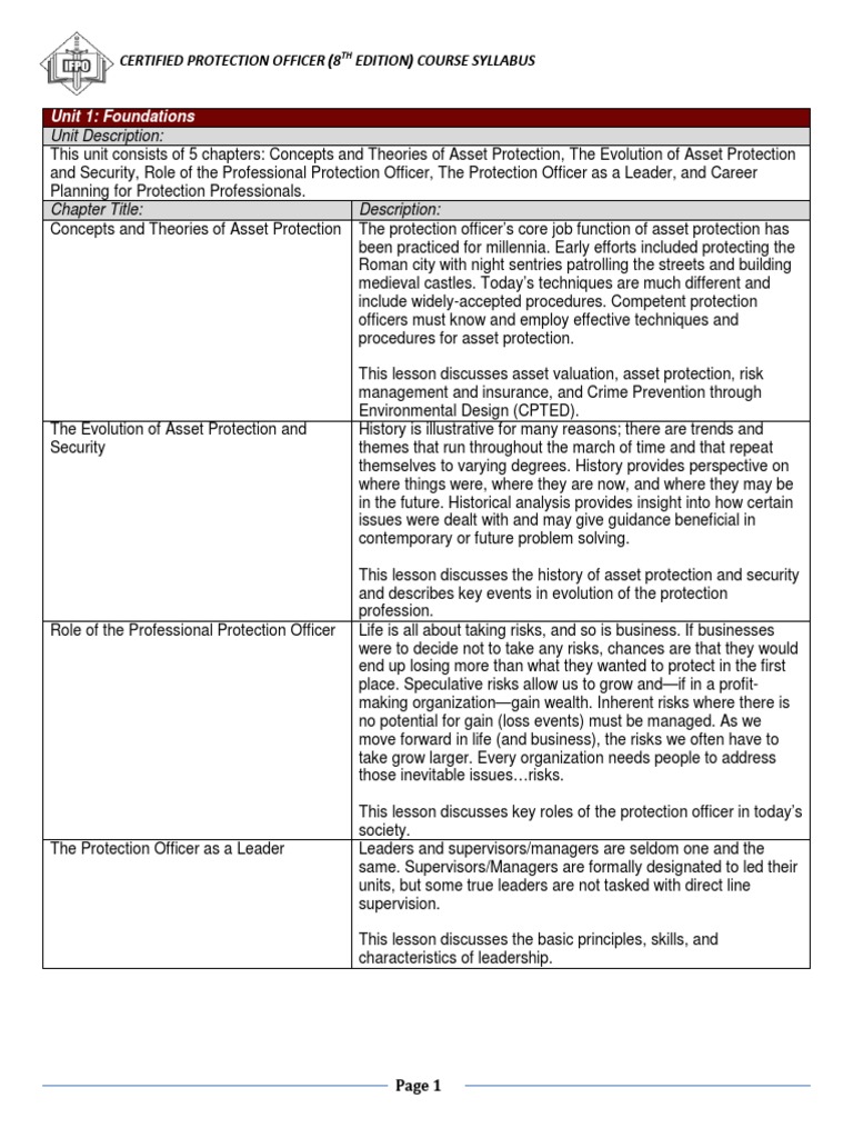 CPO 8th Edition Course Syllabus | PDF | Physical Security | Violence