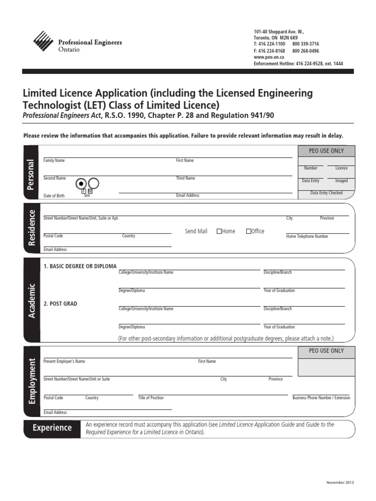 Limited Licence Application (Including The Licensed Engineering ...