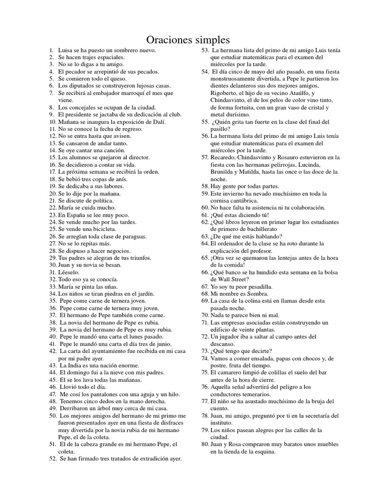Oraciones Simples Pdf Pdf Ocio Deportes