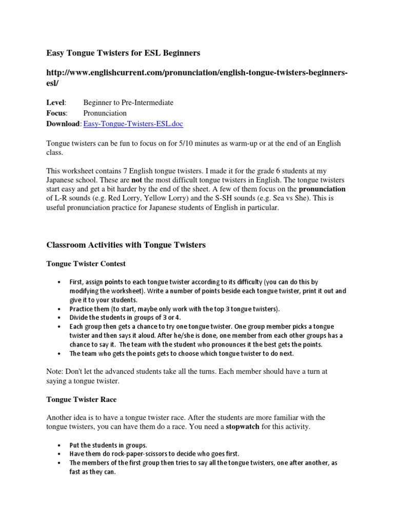 Easy Tongue Twisters for ESL Beginners | PDF | Career & Growth ...