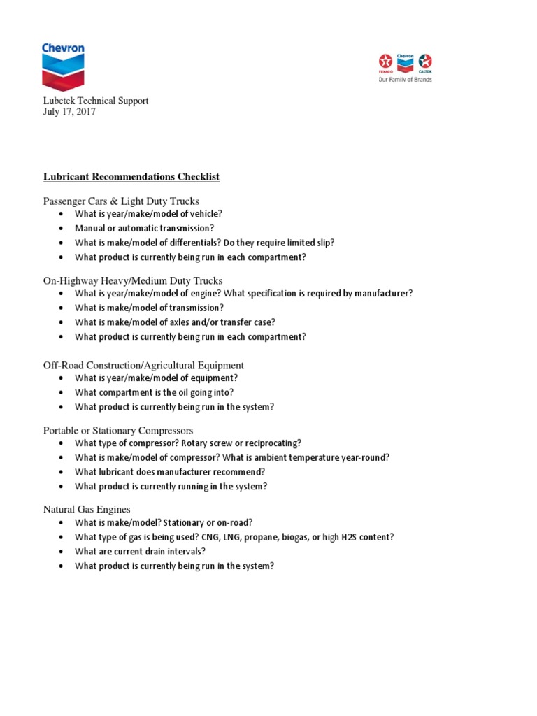 Lubricant Recommendations Checklist: A Comprehensive Guide to Gathering ...