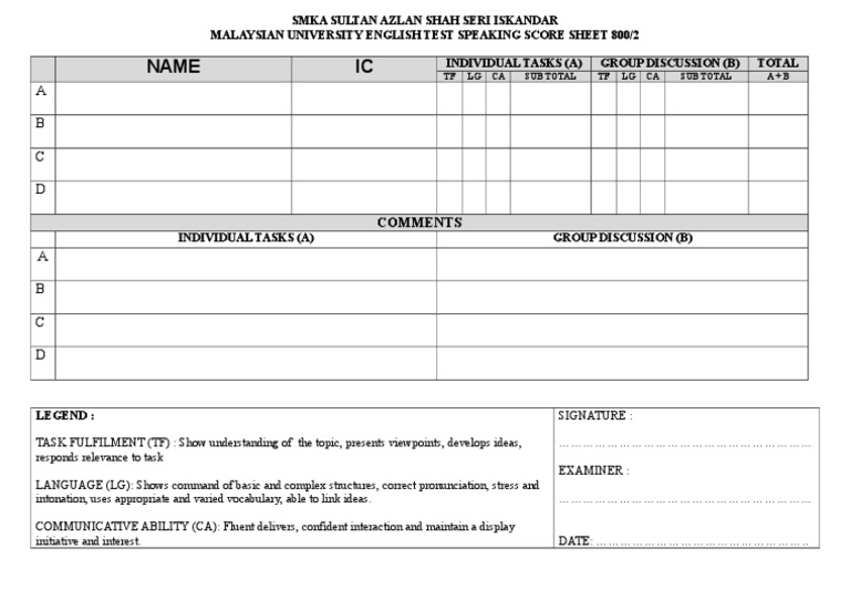 MUET Speaking Score Sheet | PDF