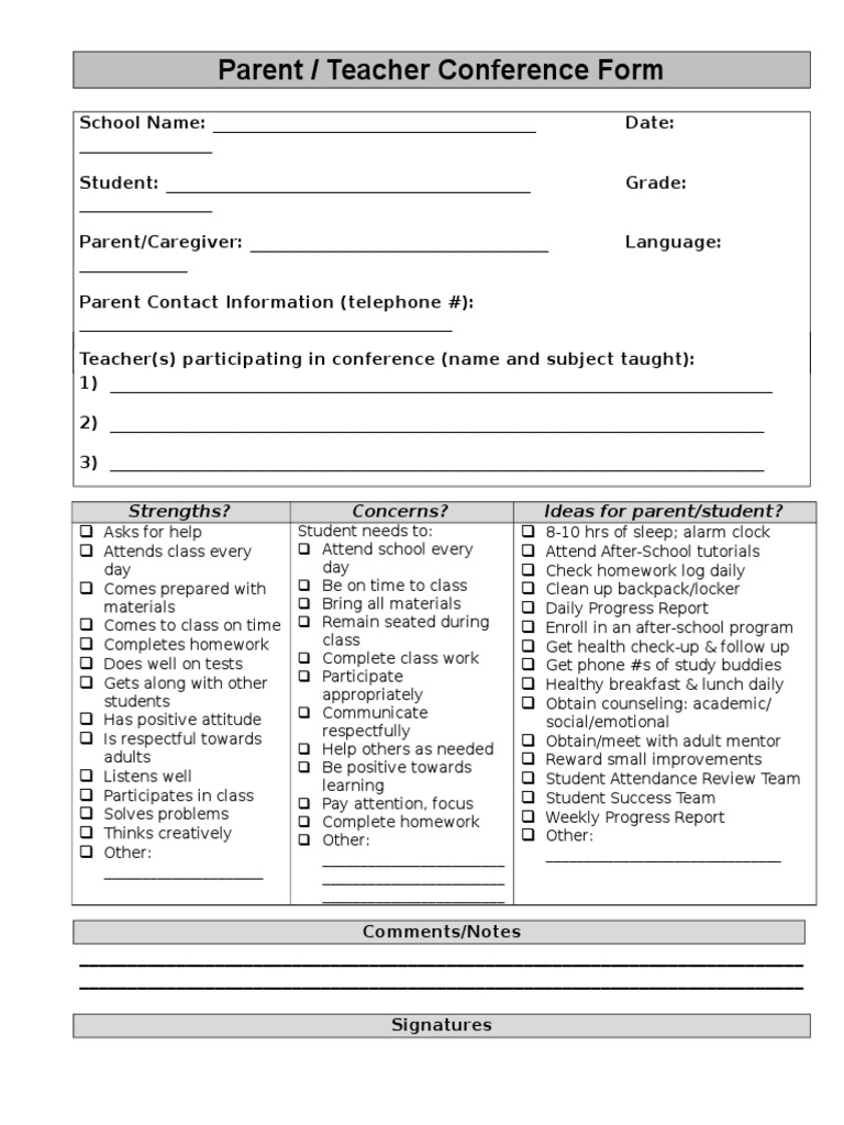 Parent Teacher Conference Form Sample | PDF | Homework | Teachers