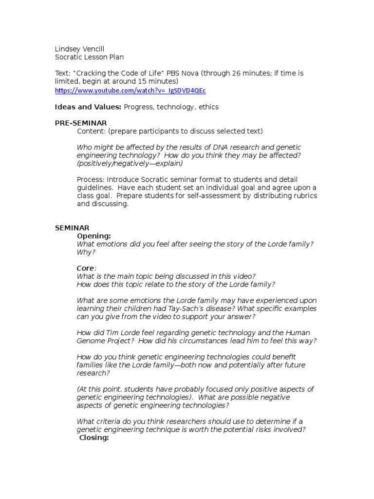 Lindsey Vencill Socratic Seminar Lesson Plan | PDF | Genetic ...