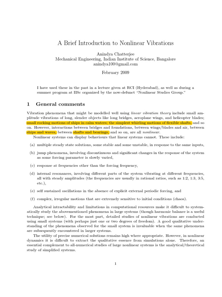 A Brief Introduction To Nonlinear Vibrations: 1 General Comments | PDF ...