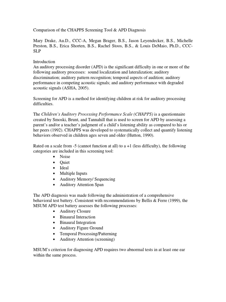 Comparison of The CHAPPS Screening Tool and APD Diagnosis | PDF ...