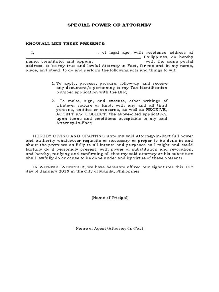 SPA for BIR TIN Application Sample | PDF | Power Of Attorney | Public Law