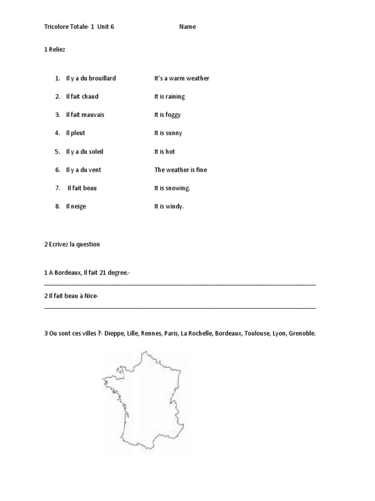 Tricolore 1 Unit 6 Papers | PDF