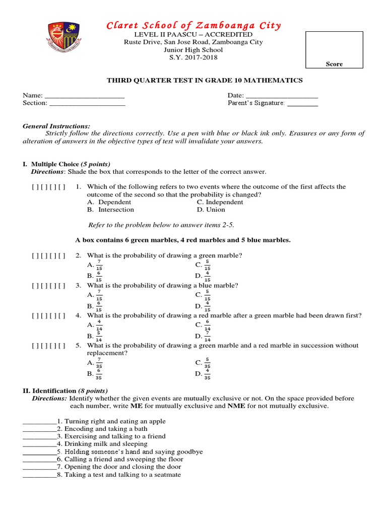 Grade 10 Math Probability Test | PDF | Cognition
