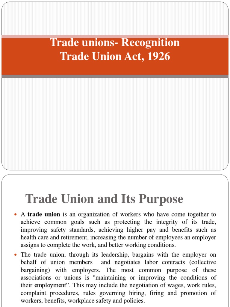 Trade Unions-Recognition Trade Union Act, 1926 | PDF | Trade Union ...