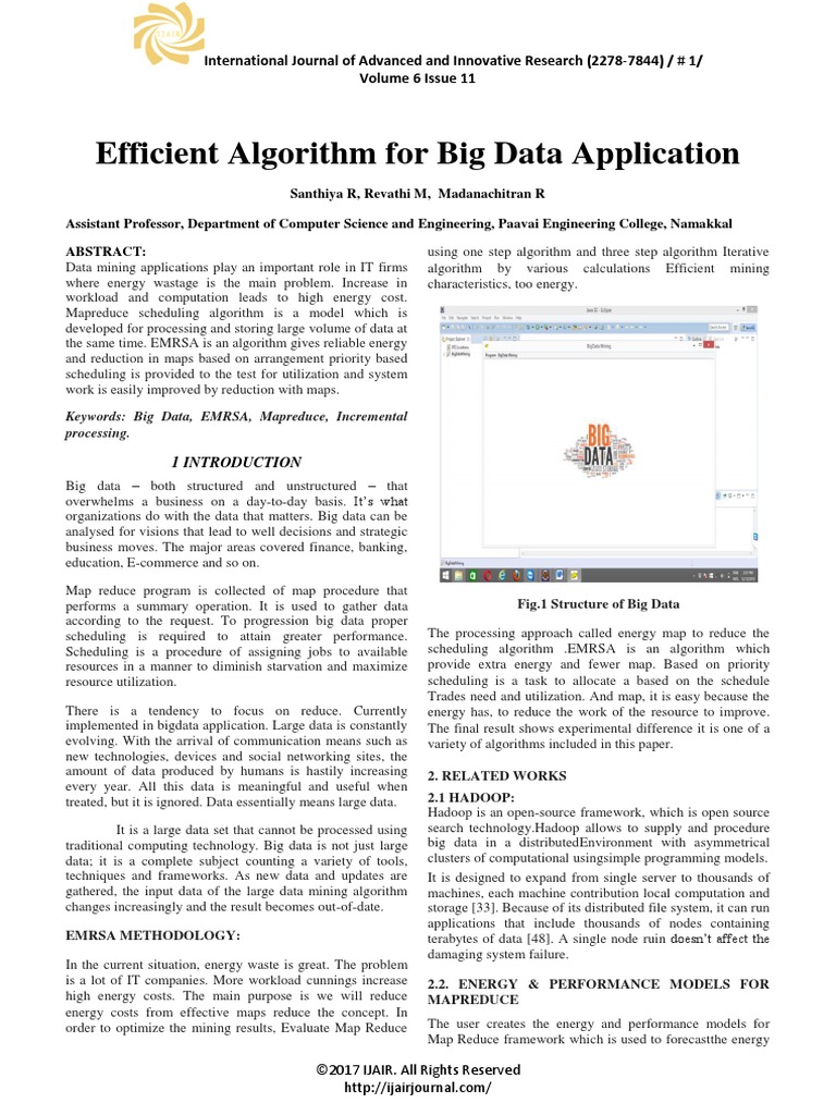 Efficient Algorithm For Big Data Application Pdf Map Reduce Big Data