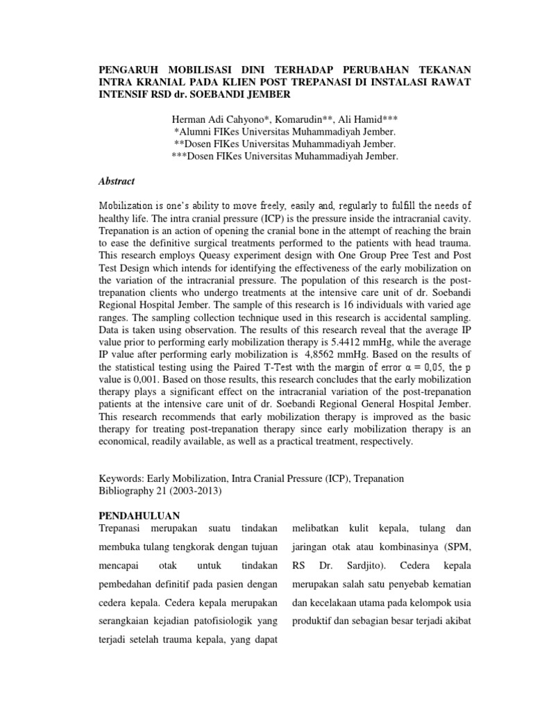 Pengaruh Mobilisasi Dini Terhadap Perubahan Tekanan Intra Kranial Pada ...