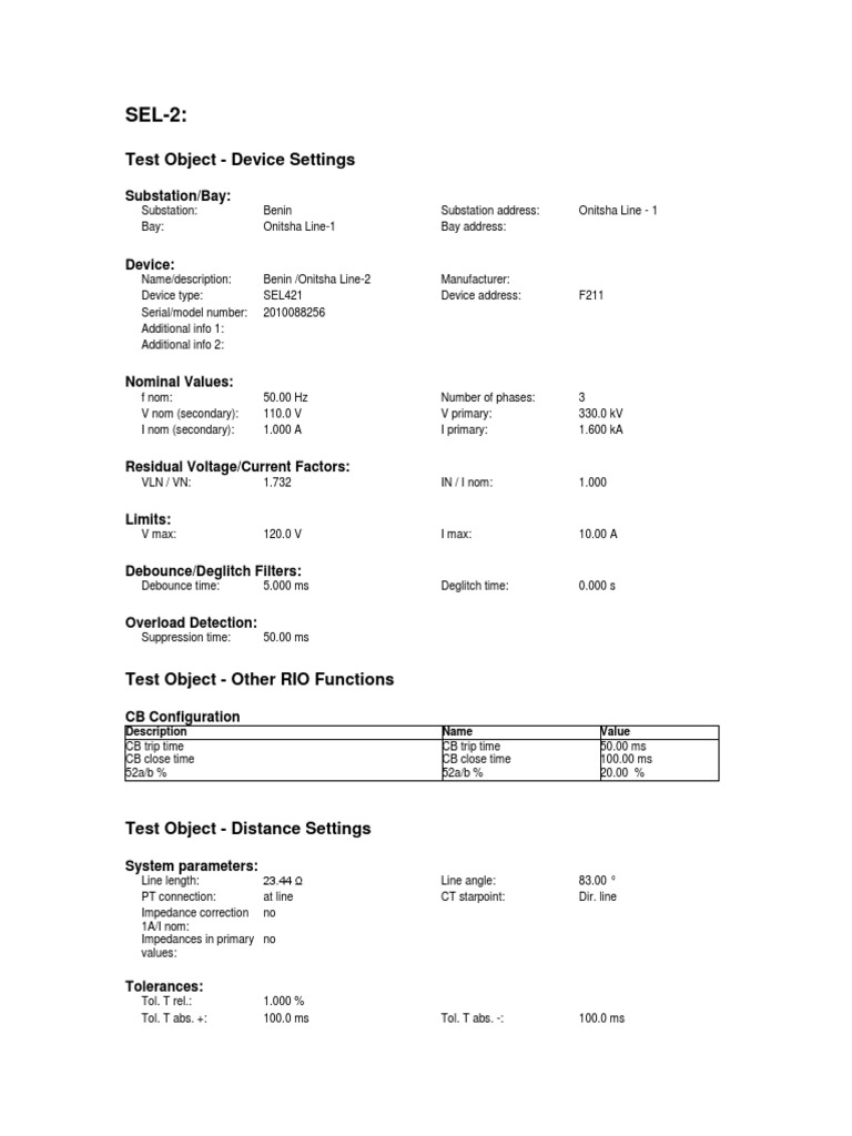 Test Object - Device Settings: Substation/Bay | PDF | Electrical ...