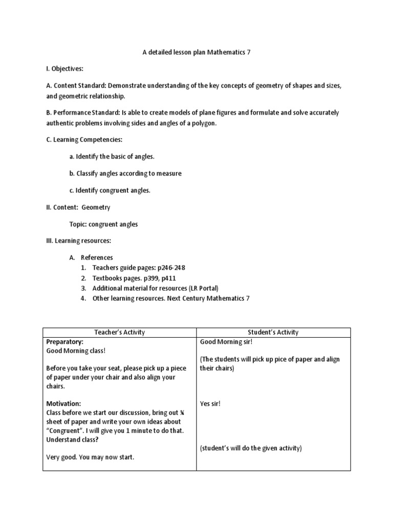 Lesson Plan on Congruent Angles | PDF | Geometry | Angle