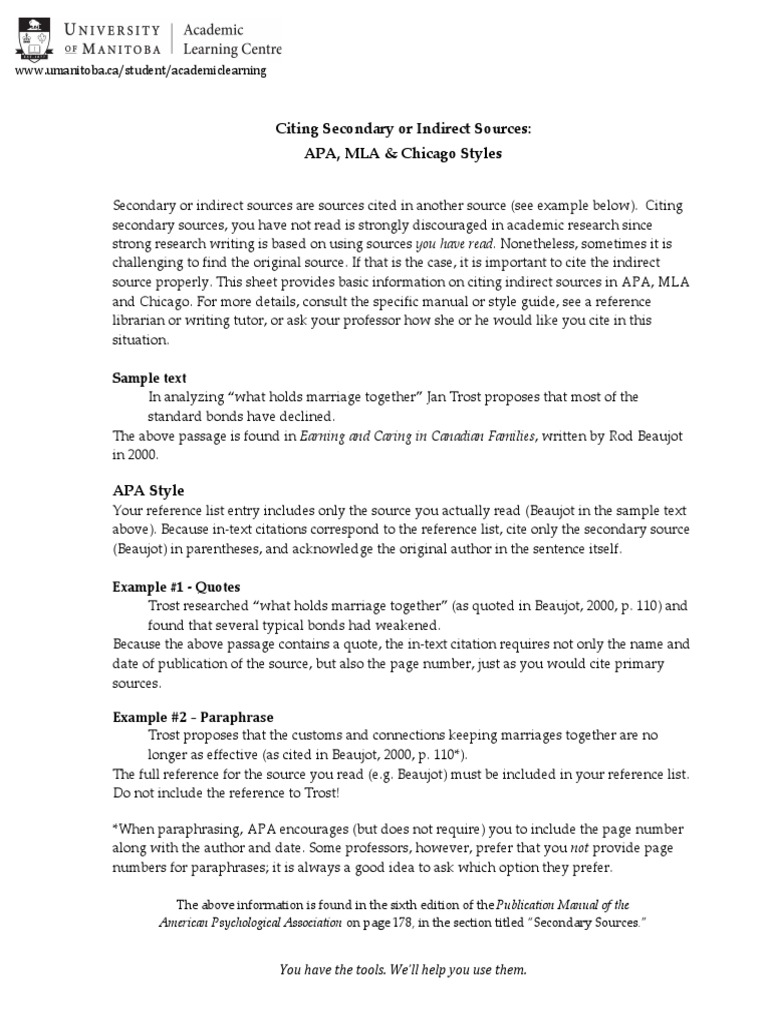 Citing Secondary or Indirect Sources REVISED 2014 | Citation | Apa Style
