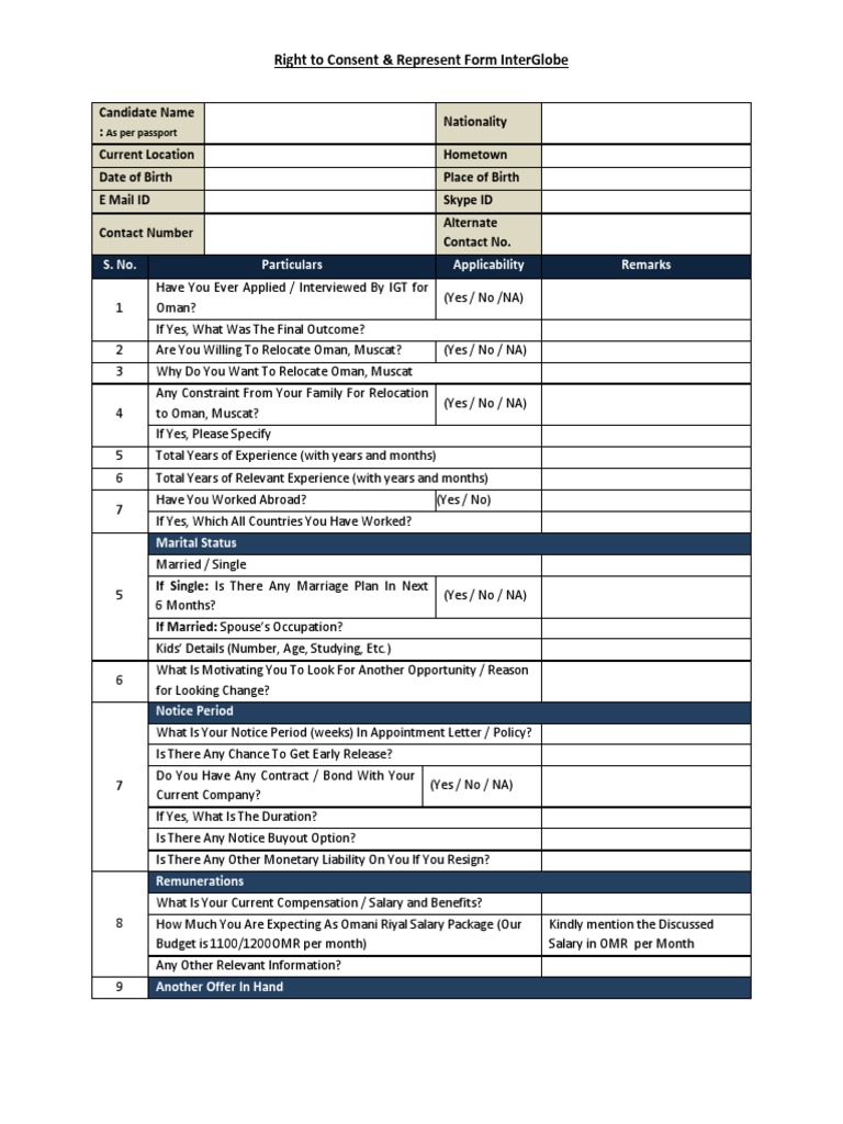 Right To Represent & Consent Form For IGT Oman | PDF | Passport ...