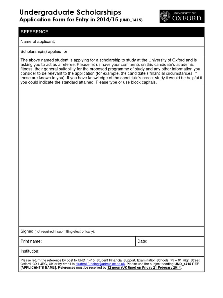Oxford Undergraduate Scholarship Reference Form | PDF | Career & Growth ...