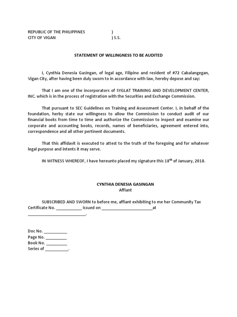 Statement of Willingness To Be Audited | PDF