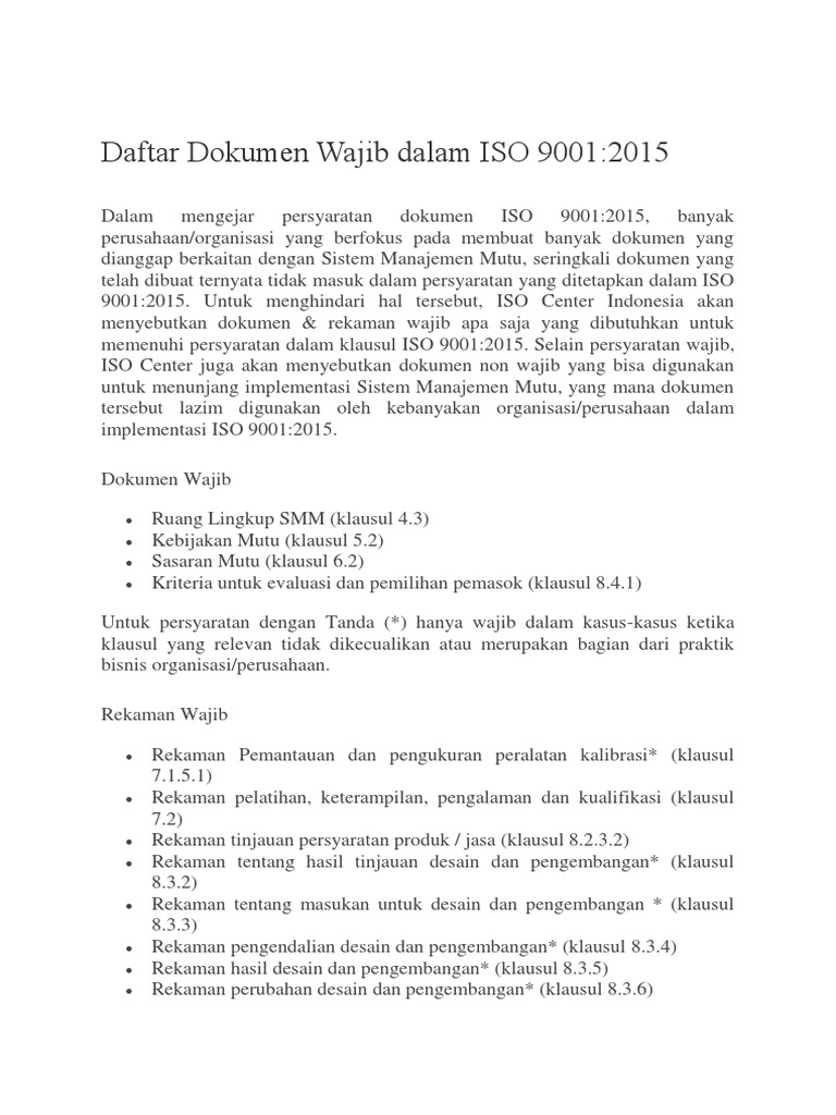 Daftar Dokumen ISO 9001:2015 Wajib | PDF | Bisnis