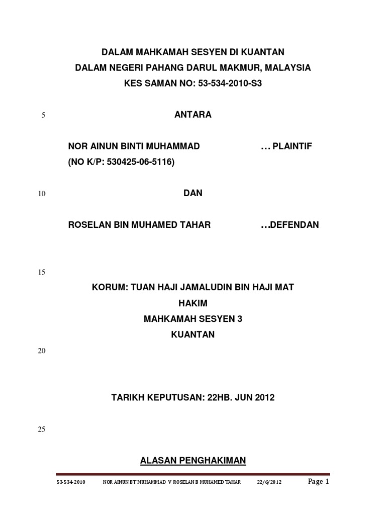 53-534-2010 Nor Ainun BT Muhammad V Roselan Bin Muhamaed Tahar 22-6-2012 | PDF
