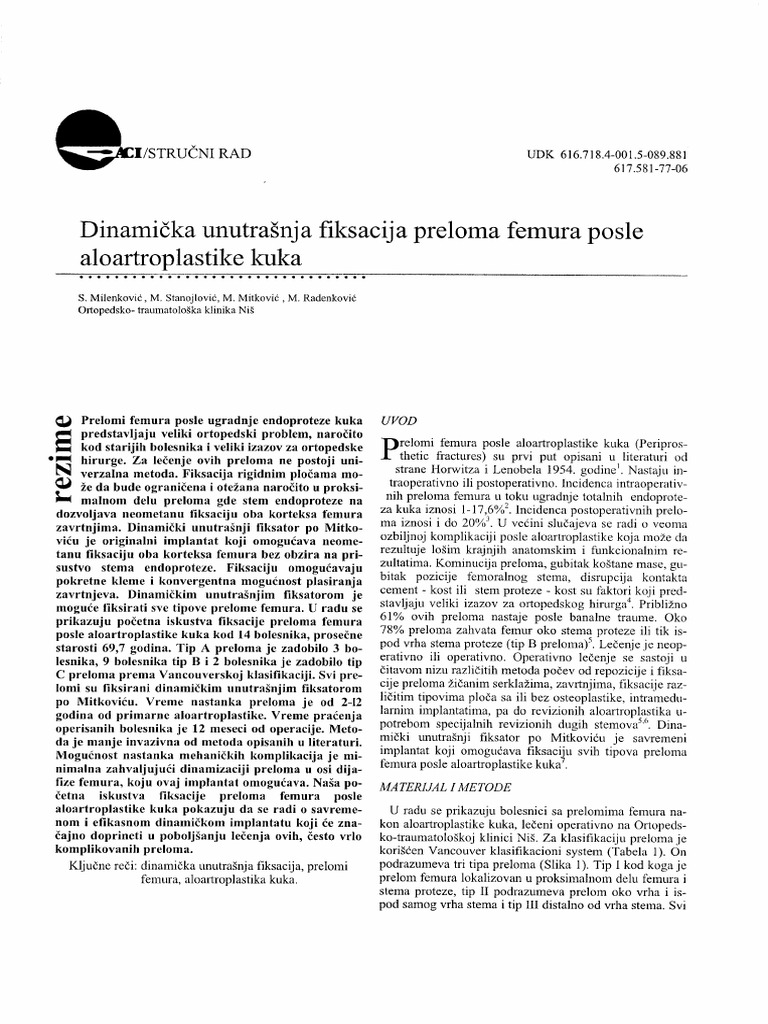 Dinamička Unutrašnja Fiksacija Preloma Femura PDF | PDF