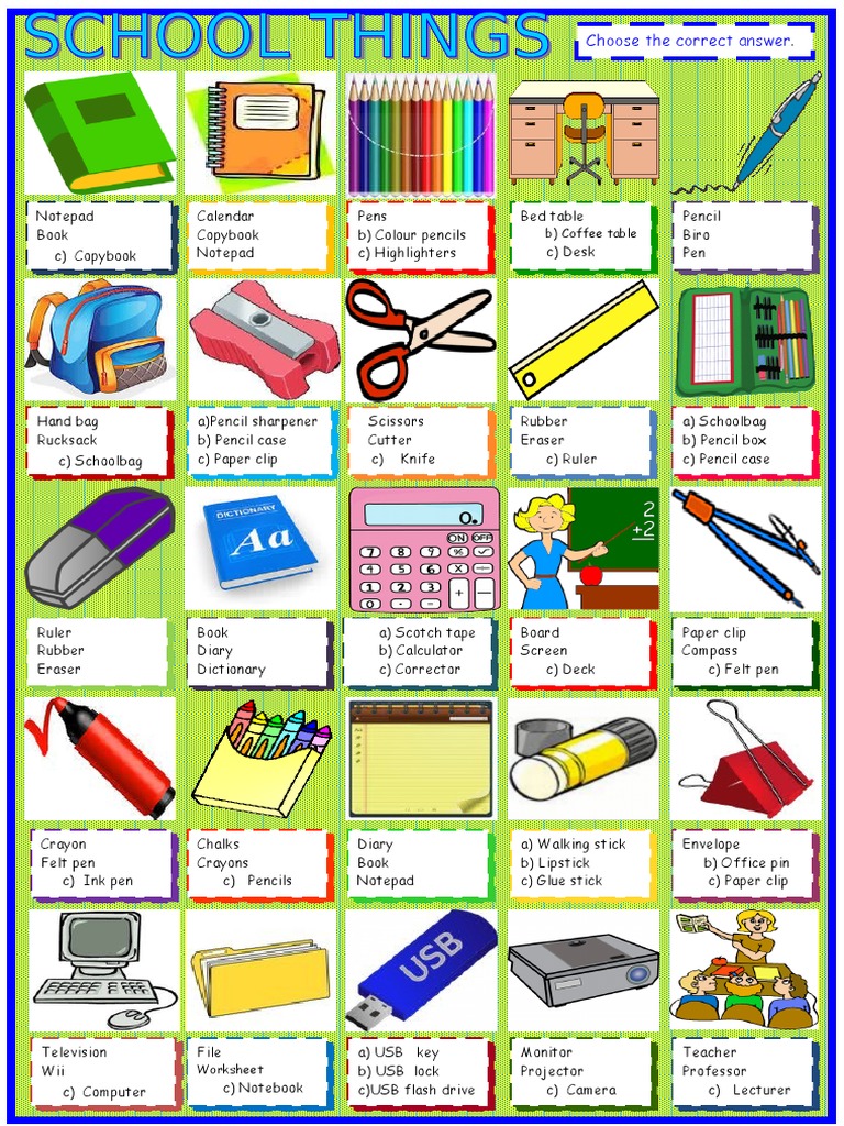 School Things Multiple Choice Activity - 81362 | PDF | Notebook | Pen