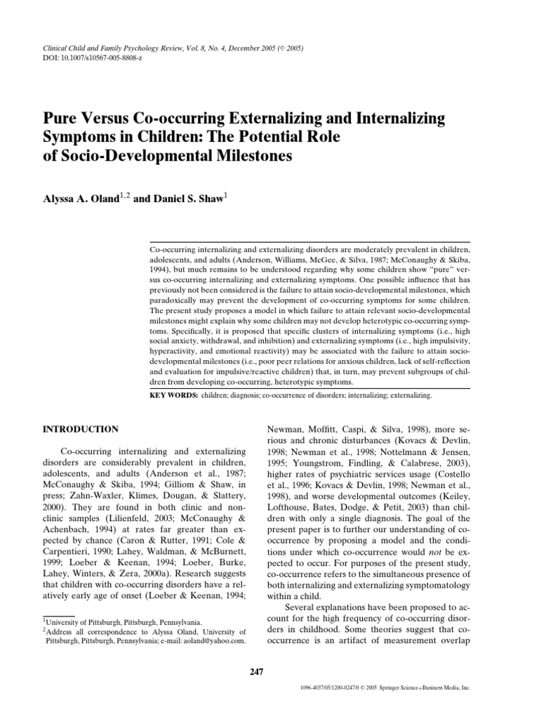 Pure Versus Co-Occurring Externalizing and Internalizing Symptoms in Children: The Potential ...
