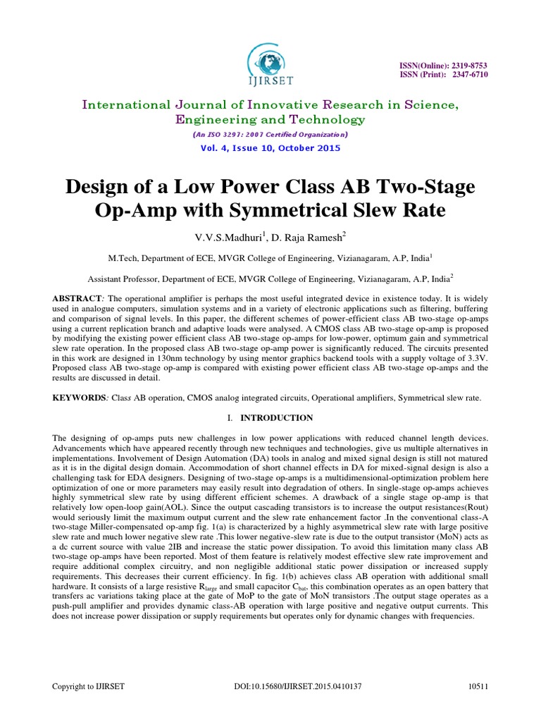 Design of A Low Power Class AB Two-Stage Op-Amp With Symmetrical Slew ...
