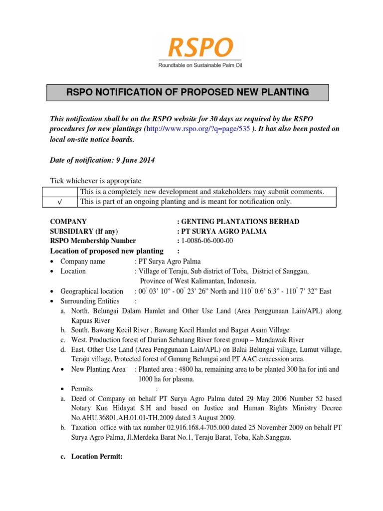 RSPO NPP Notification - PT Surya Agro Palma | PDF | Environmental Impact Assessment | Agriculture