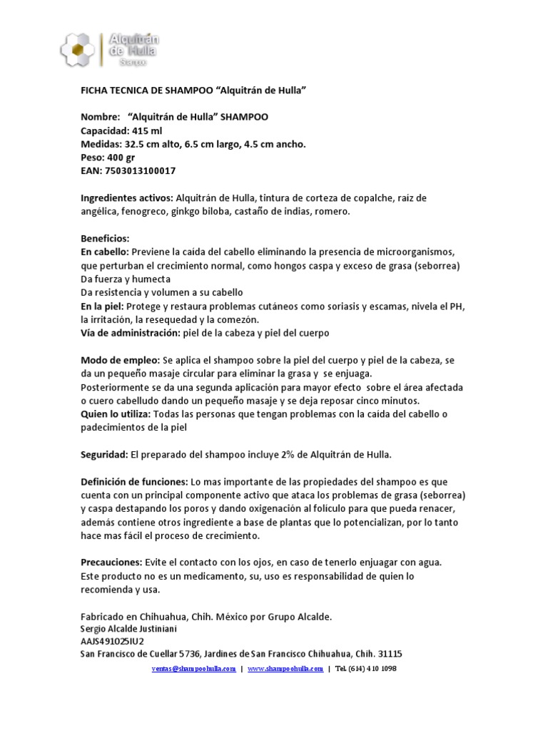 Ficha Tecnica De Shampoo Pdf Medicina Bienestar