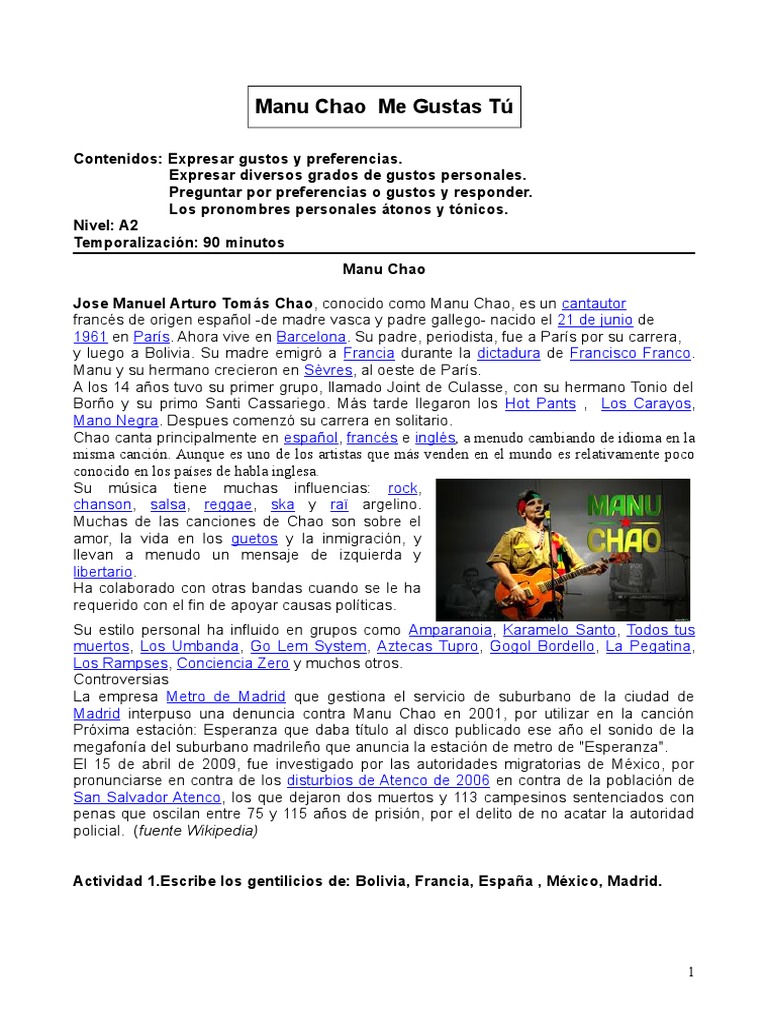 Manu Chao Me Gustas Tú | PDF | Morfología Lingüística | Tipología ...
