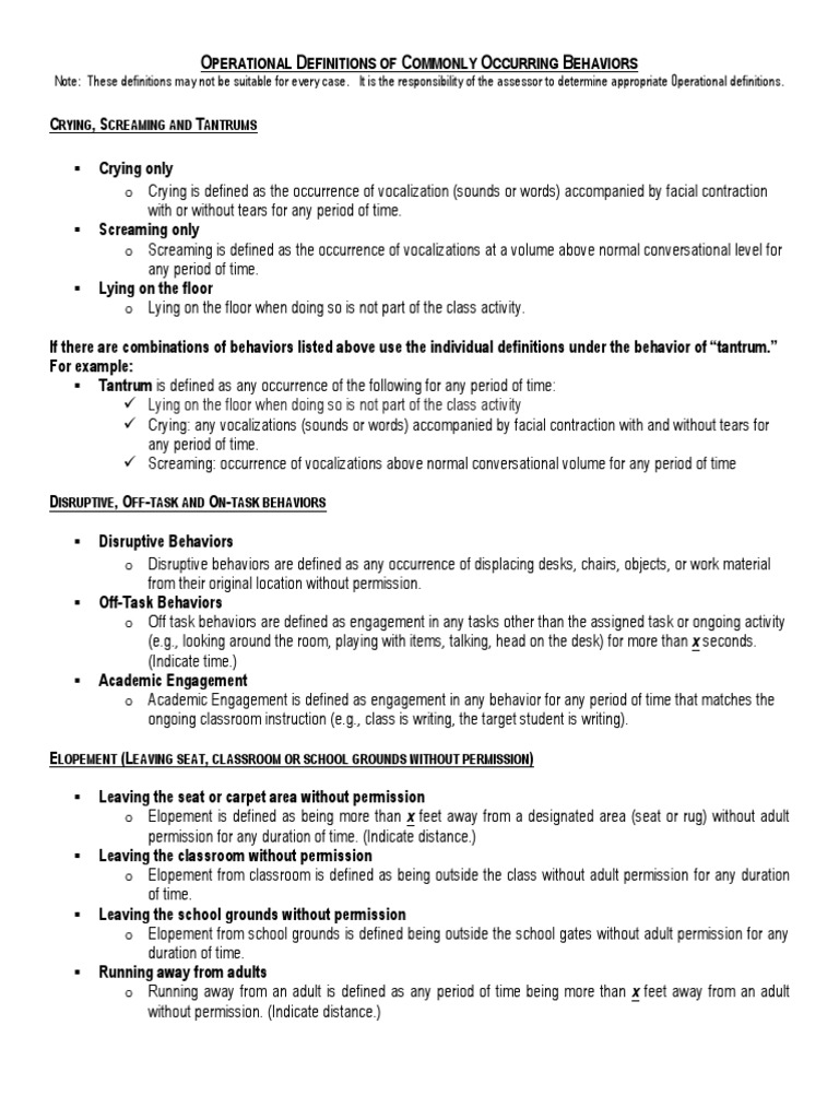 9 Operational Definitions of Commonly Occurring Behaviors | PDF ...