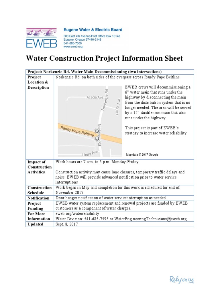 Water Construction Project Info Sheet Norkenzie RD | PDF