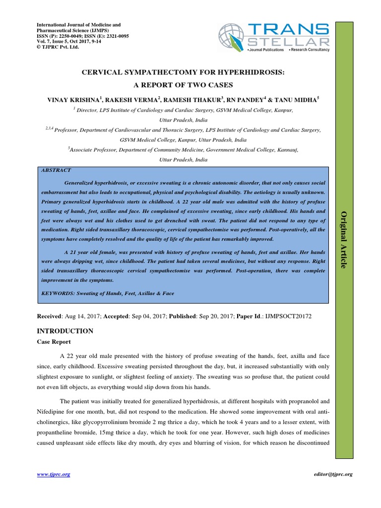 Cervical Sympathectomy For Hyperhidrosis: A Report of Two Cases | PDF ...